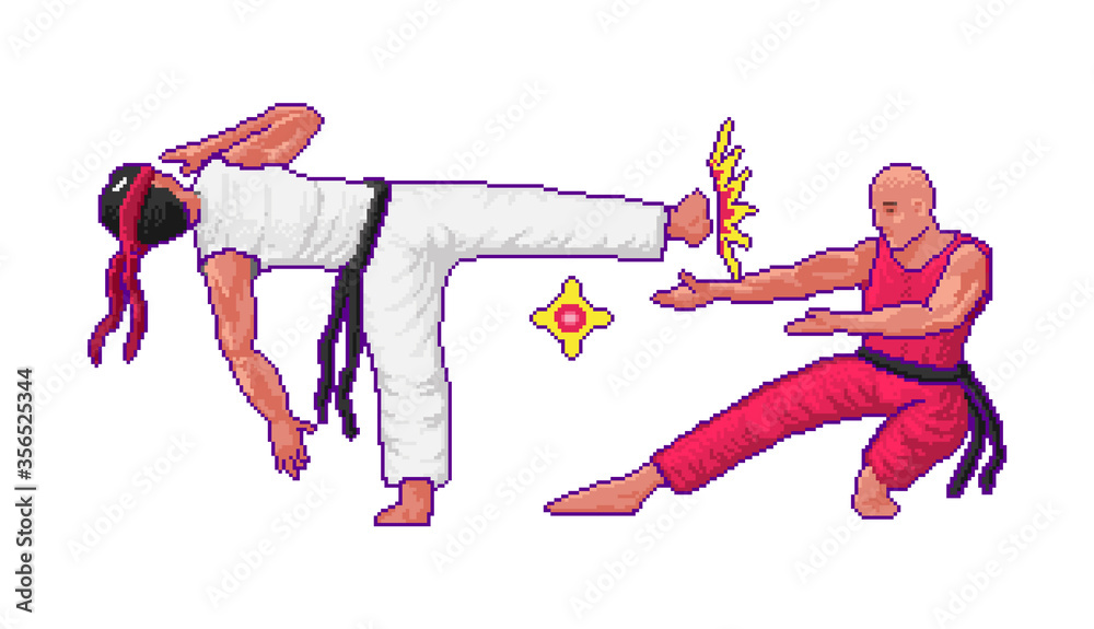 Japanese Karate. Fight or Battle in the game concept. Pixel art 8 bit ...