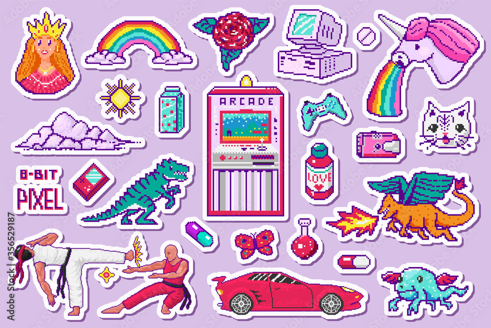 Pixel art 8 bit objects. Retro digital game assets. Set of Pink fashion ...