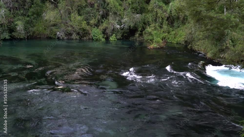The wild white waters of Caburgua River flowing down and jumping at ...