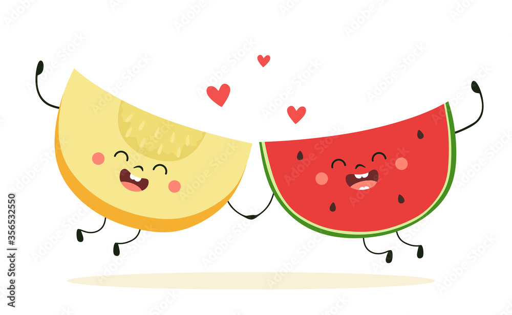Cute watermelon and melon together. Happy fruits with hearts. Vector ...