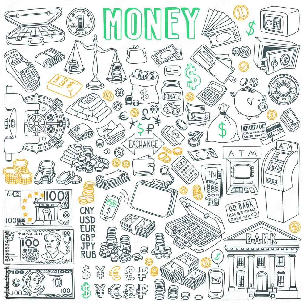Money vector drawings collection isolated on white background ...