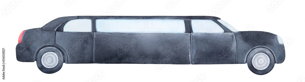 Water color illustration of abstract black limousine car. Side view ...