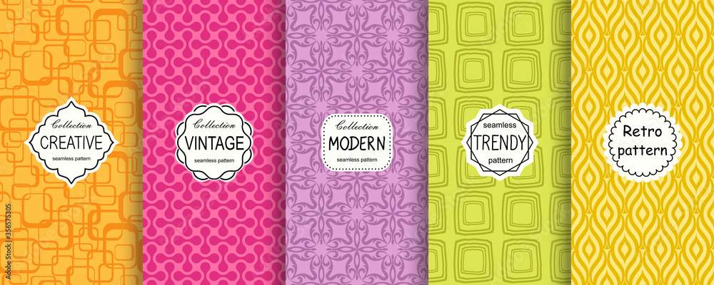 Vector geometric seamless patterns collection. Set of bright colorful ...