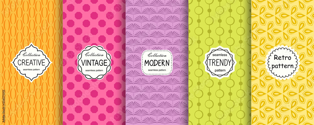 Vector Geometric Seamless Patterns Collection Set Of Bright Colorful Background Swatches With
