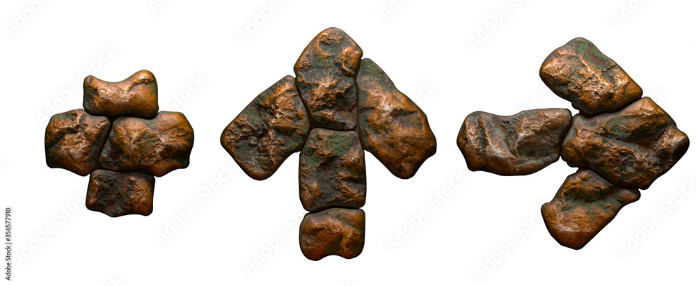 Set of rocky symbols plus, up arrow and right arrow. Font of stone on ...