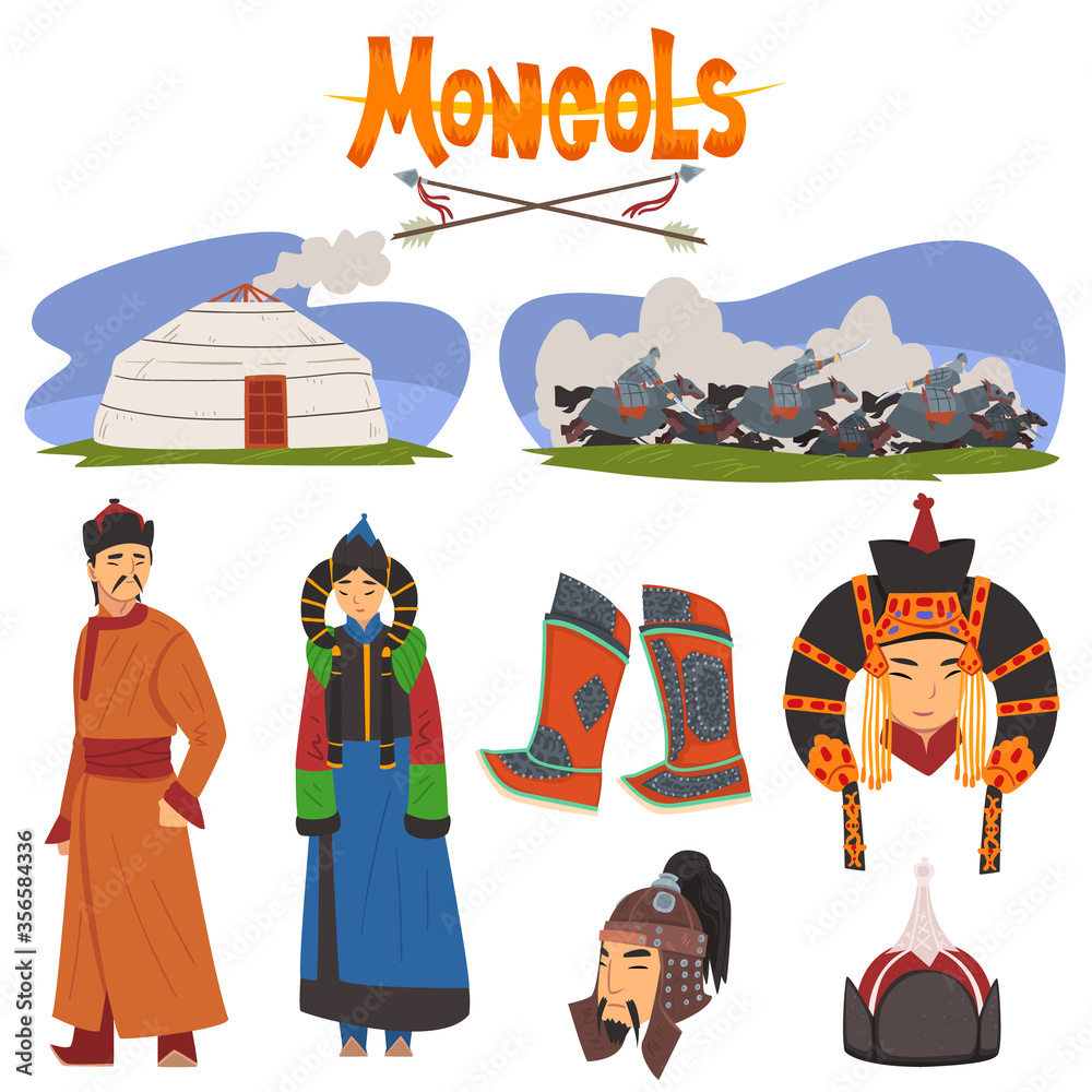 Mongol People in Traditional Clothing Collection, Central Asian ...