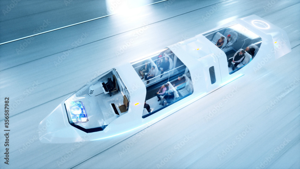 futuristic flying bus with peoples fast driving in sci fi tunnel ...