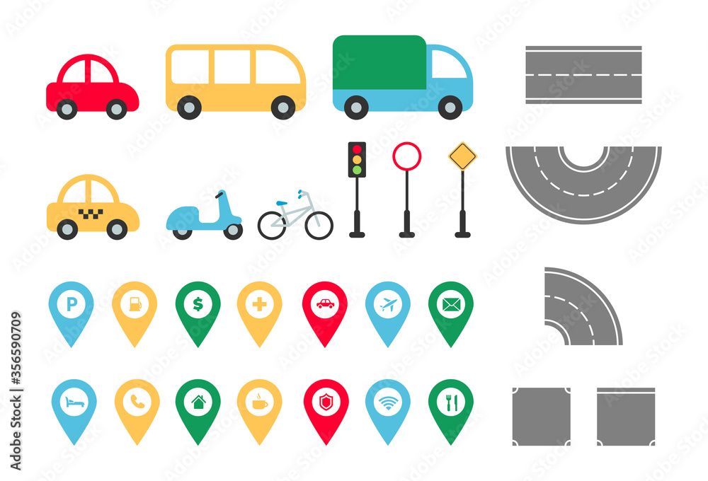 City road elements set. Town map constructor with flat transport car ...