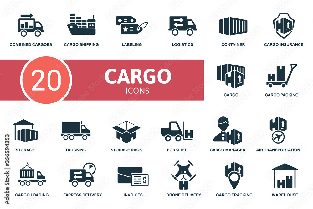 Cargo icon set. Collection contain labeling, combined cargoes, trucking ...