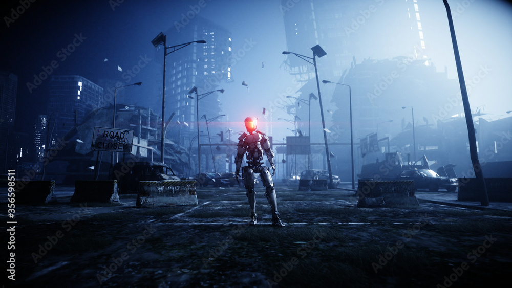 Military robot in destroyed city. Future apocalypse concept. 3d ...