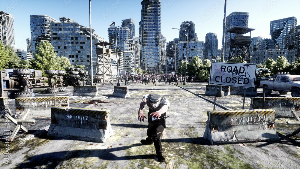 horror zombie crowd walking. Destroyed city. Apocalypse view, concept ...