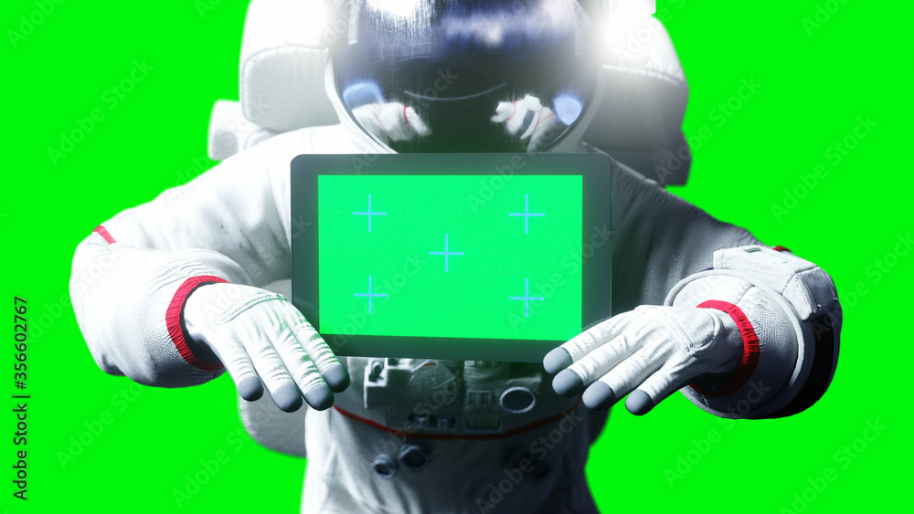 Astronaut in space with tablet, monitor. Green screen tracking footage ...