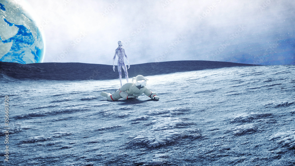 Astronaut on the moon with alien. 3d rendering. Stock Illustration ...