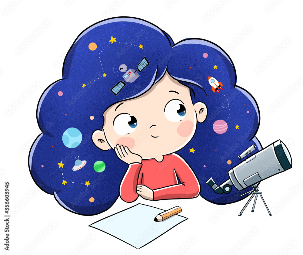 Niña imaginando cosas del espacio ilustración de Stock | Adobe Stock