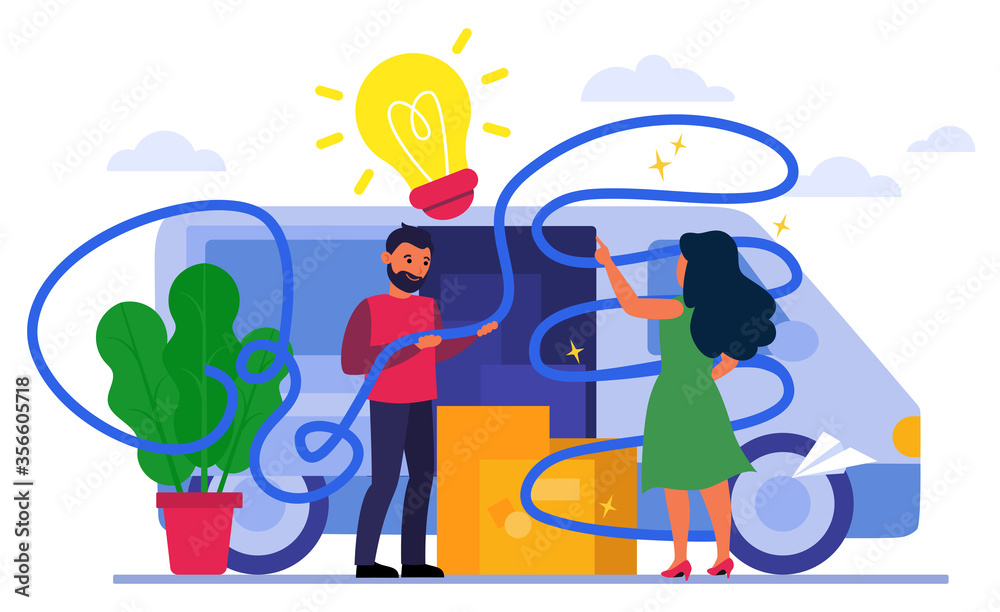 Couple moving house. People loading cardboard boxes to van, holding ...