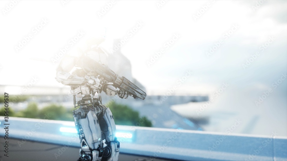 Military robot with gun walking. Futuristic city, town. 3d rendering ...
