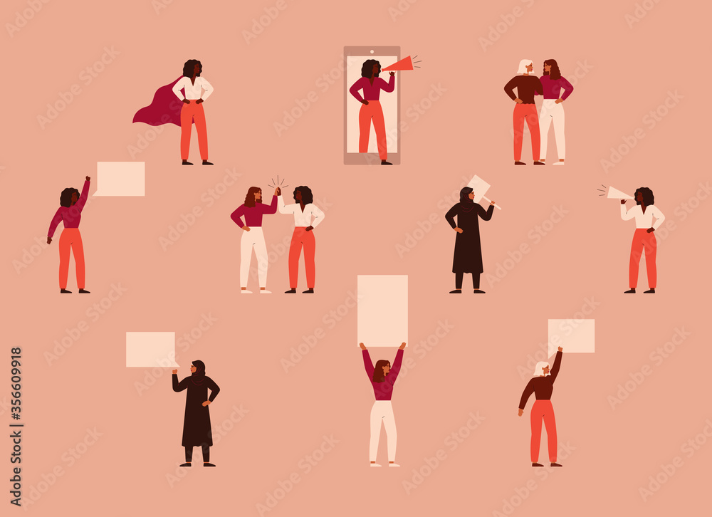 Strong women different nationalities and cultures protest. Concept of ...