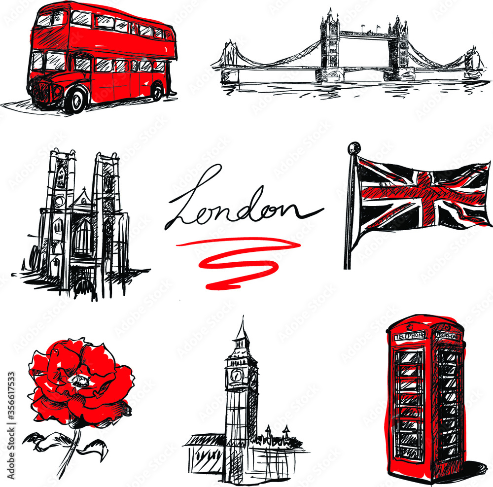 Set of sketchy style hand drawn isolated illustrations of world famous ...