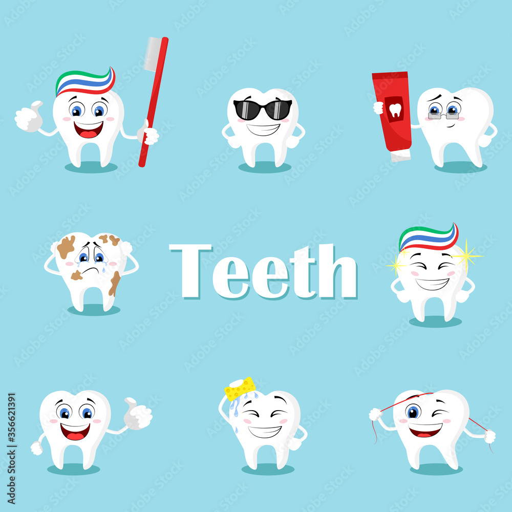 Smiling and upset animated cartoon teeth characters. Dental personage ...