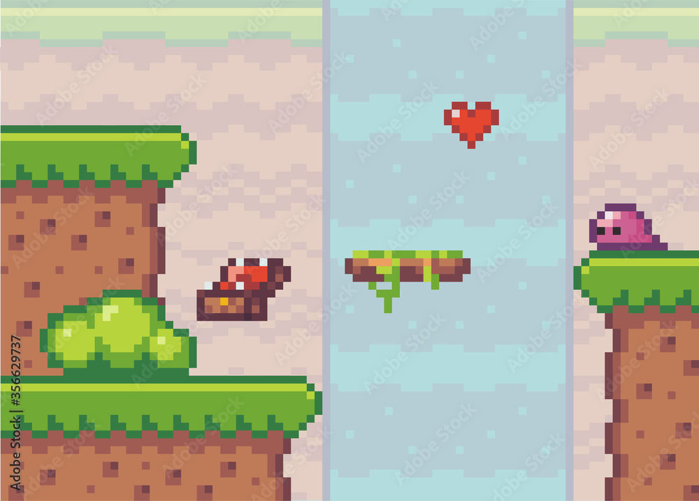 Pixel art game background with heart near the waterfall. Game scene ...