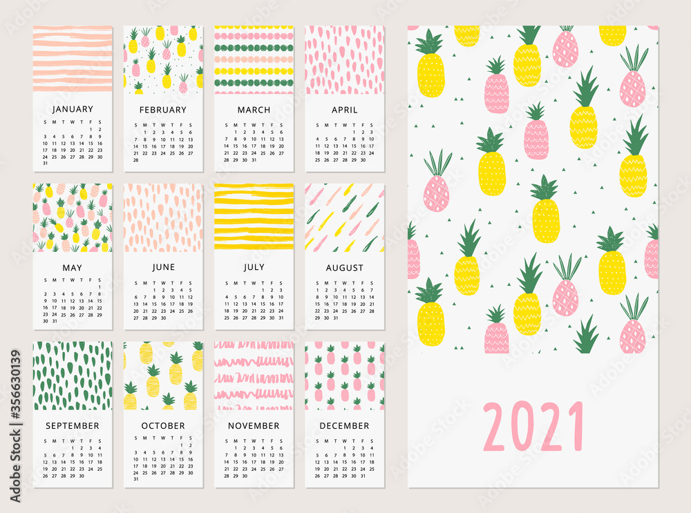 Cute calendar with tropical pineapples and brush patterns. Vector ...