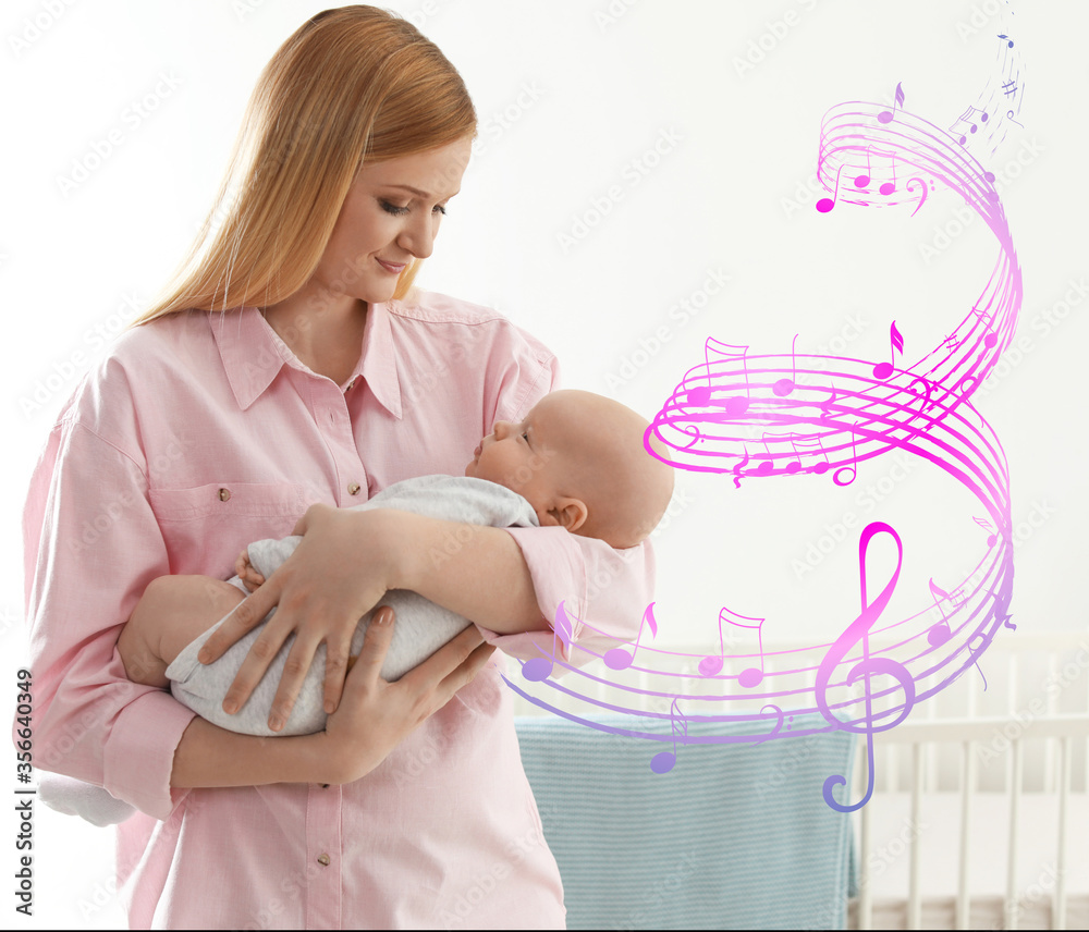 Flying music notes and happy mother and her baby at home. Lullaby songs ...
