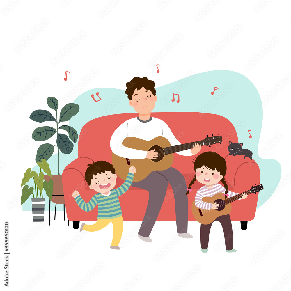 Vector illustration of a cartoon father playing guitar and singing with ...