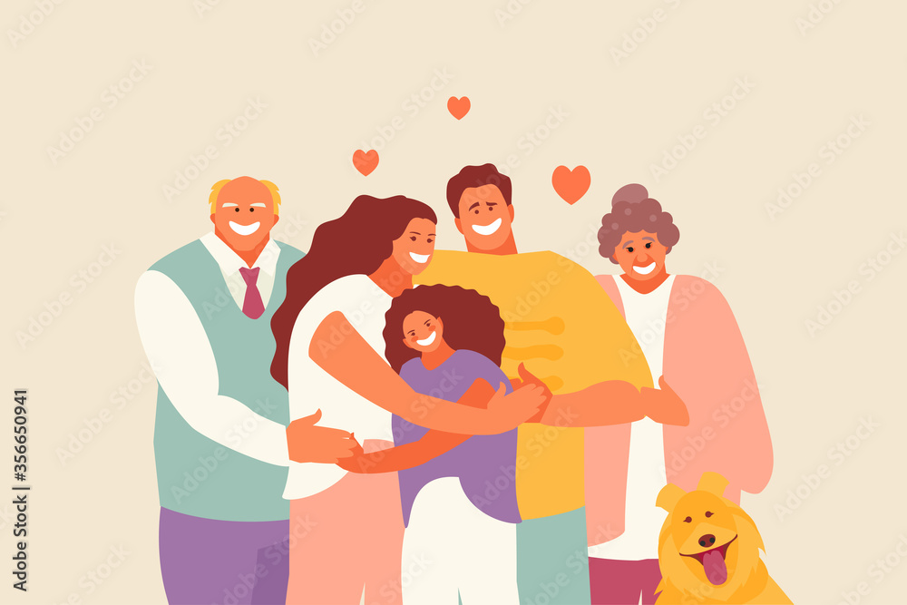 Happy hugging family parents and children. Love and support vector ...