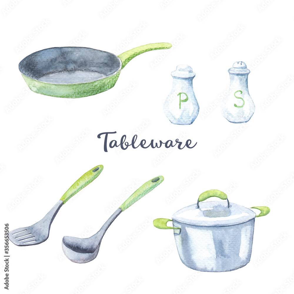 watercolor set of drawings - kitchen utensils, cookware Stock ...