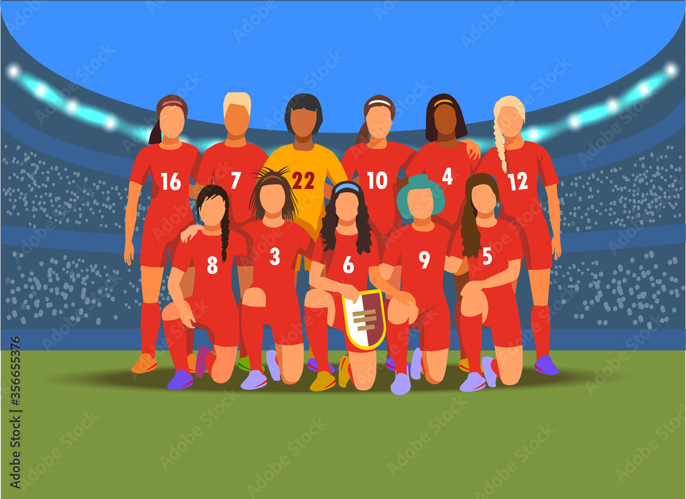 Women's football team before match on modern stadium background. Vector ...