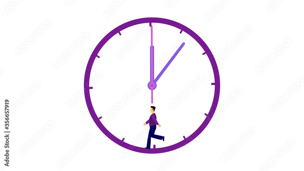 Time is money concept. Cartoon man walking in the world of clocks ...