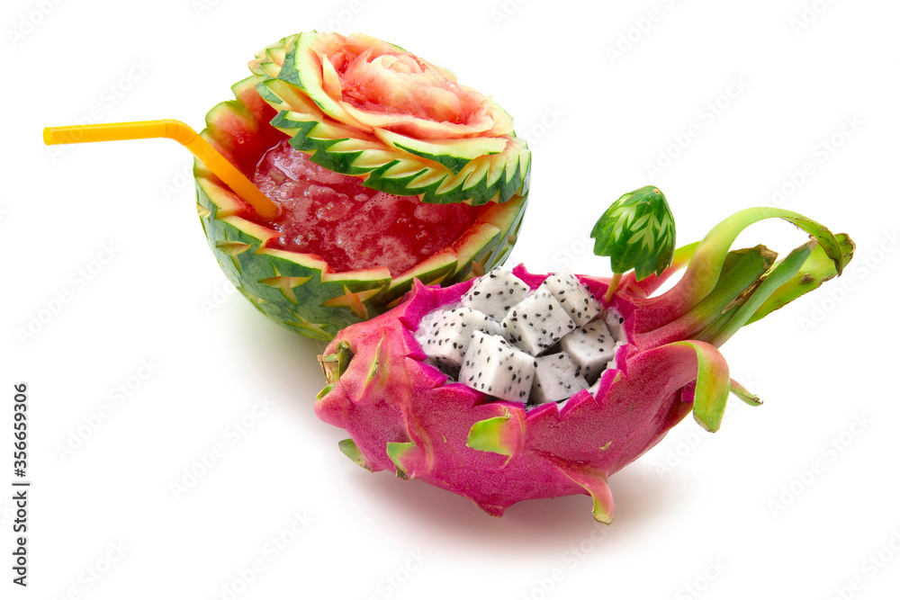 Watermelon carved smoothie and Dragon fruit serving to party fruit time ...