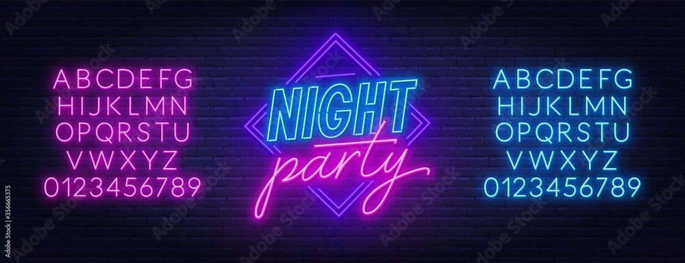 Neon lettering Night party on brick wall background. Bright glowing ...