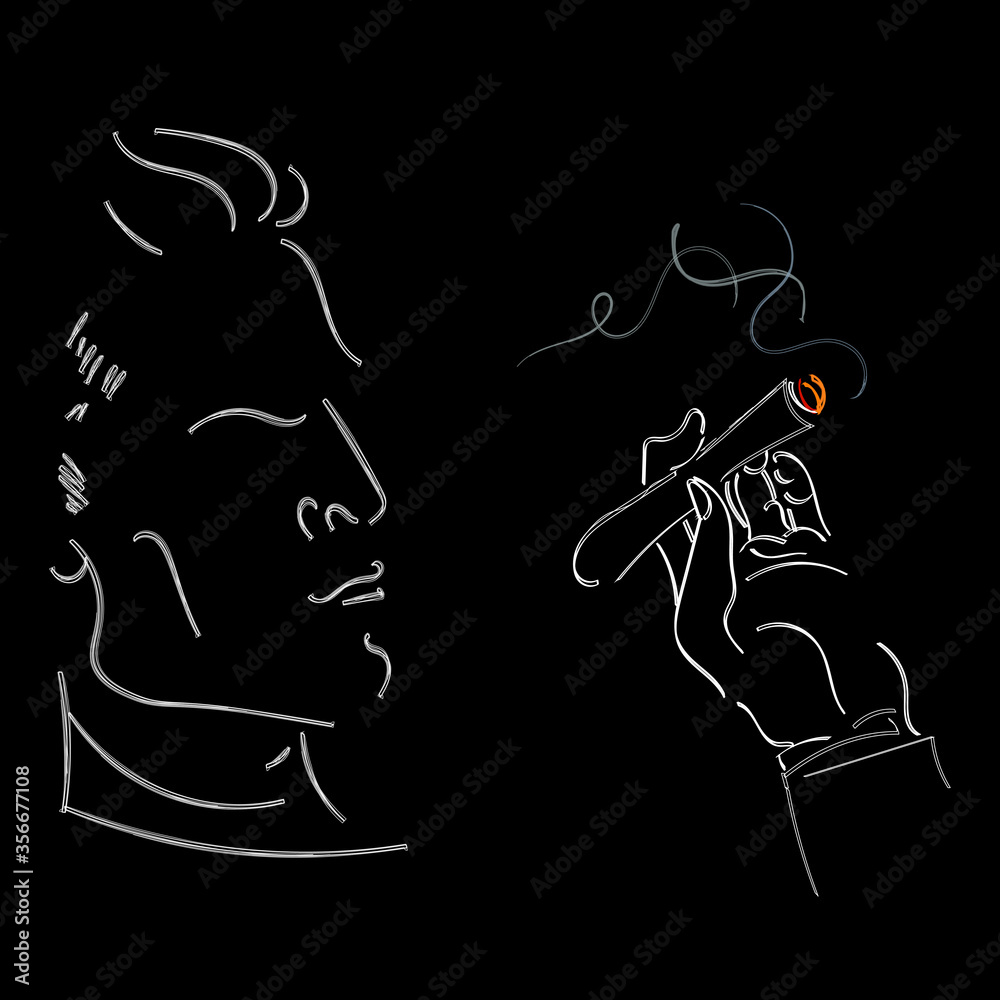 a man smokes a cigar. vector illustration of linart. brutal male ...