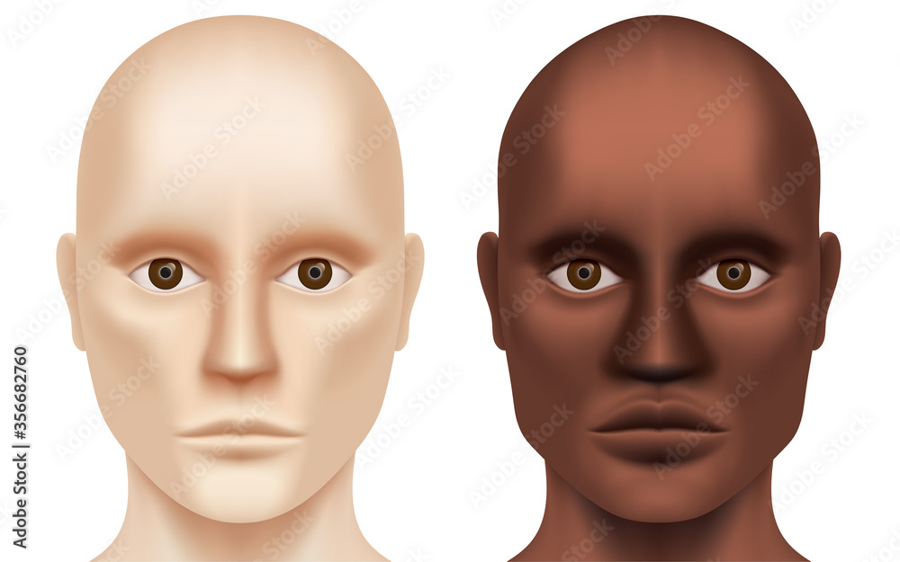 White and black bald hairless men looking at the camera. Caucasian and ...