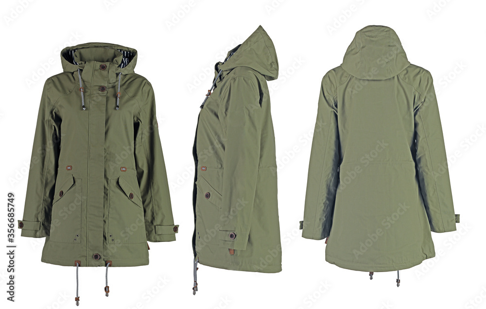 Women's winter parka jacket in military style. Isolated image on a ...
