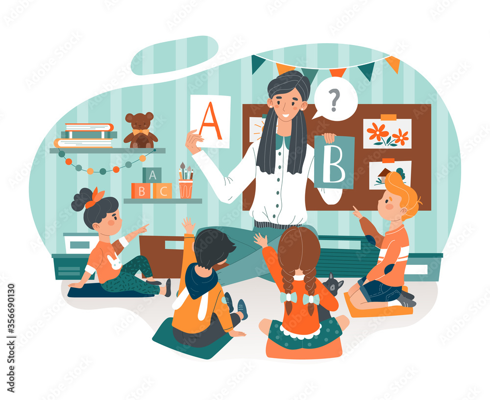 Kindergarten vector illustration. Cartoon flat kindergarten teacher ...