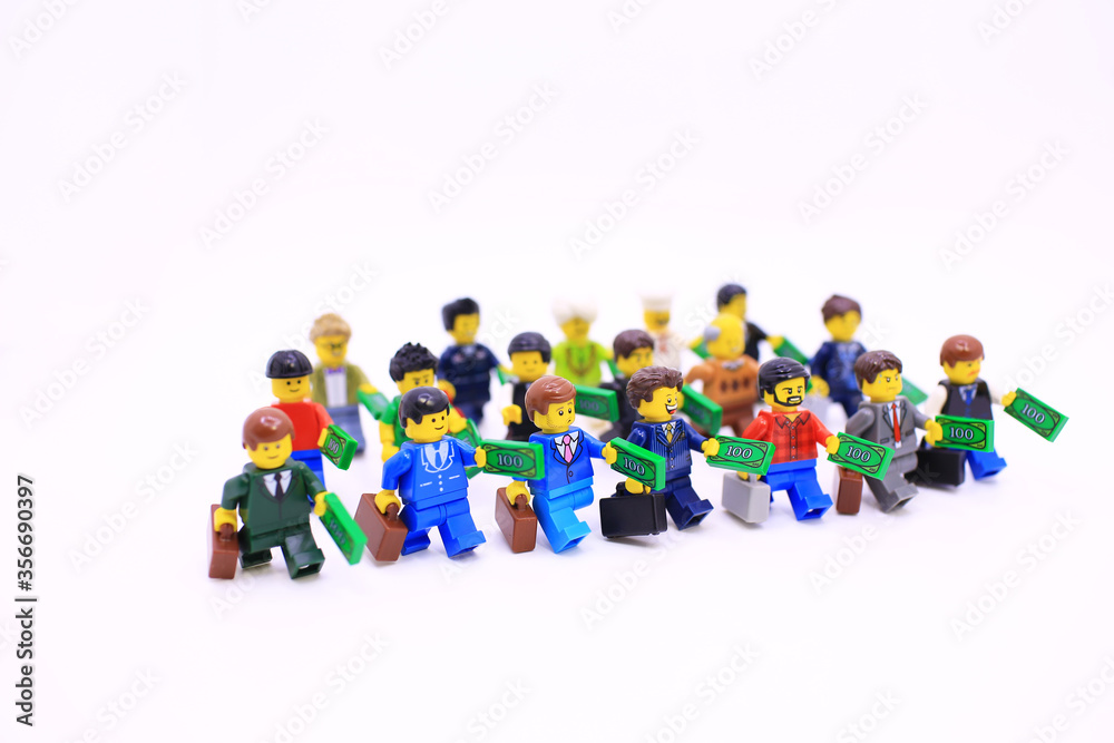 HONG KONG,MARCH 22 2020: Studio shot of Lego people in office, combine ...