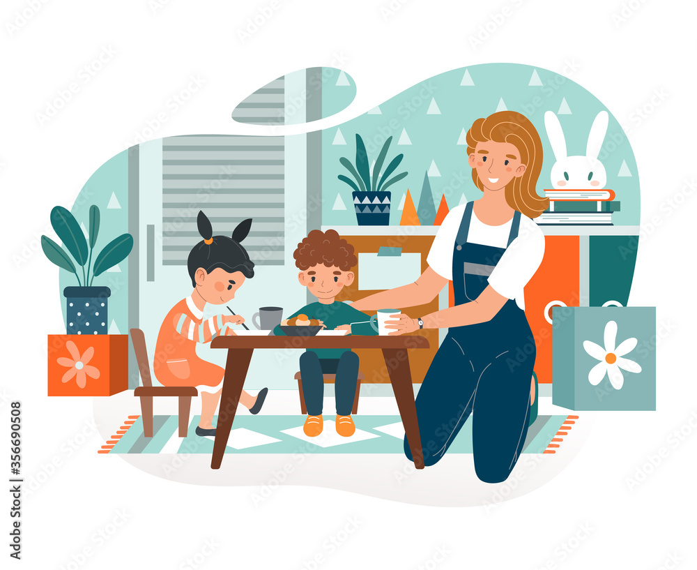 Kindergarten vector illustration. Cartoon flat happy children ...