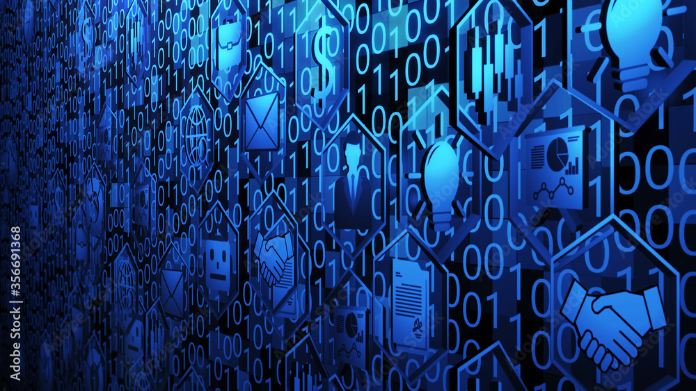 8K 3D Business and Technology Icons Spin in Hexagon Border and Hovering ...