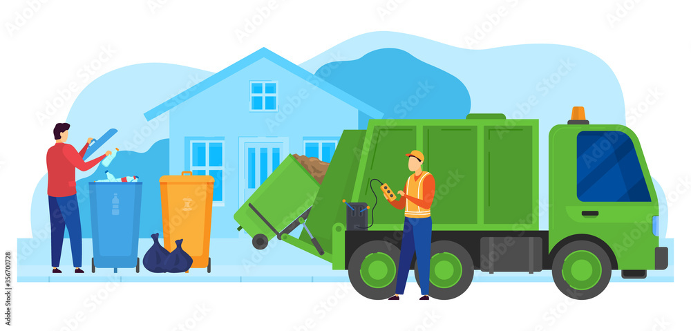 Waste processing factory vector illustration. Cartoon flat worker ...