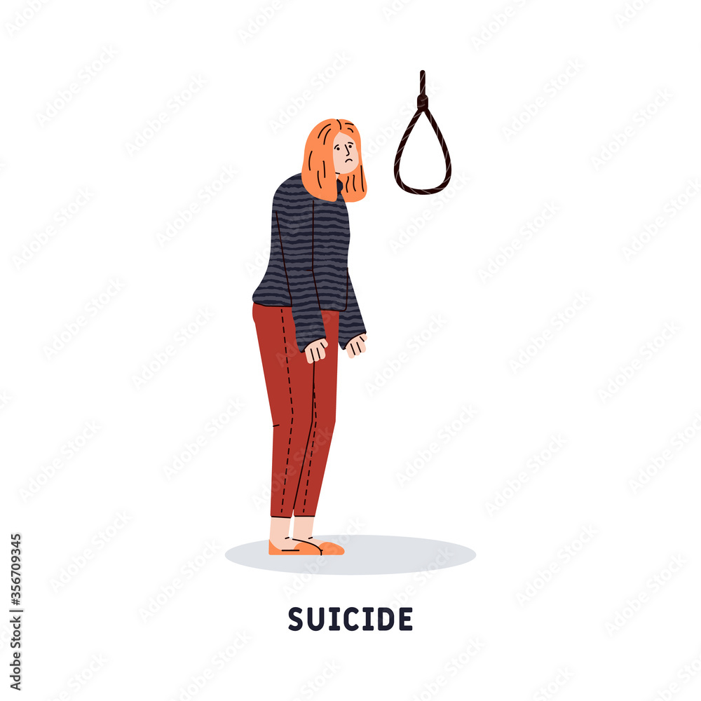 Sad woman thinking of suicide death and looking at hanging noose rope ...
