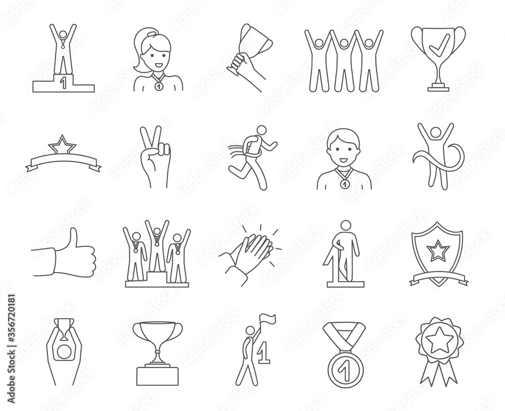 Large set of sketched Winners icons showing trophies, winners on the ...