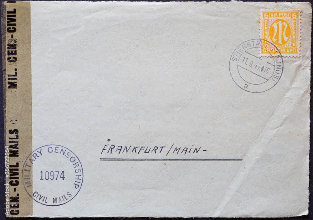 GERMANY - CIRCA 1945: Envelope with a postal stamp, which was stamped ...