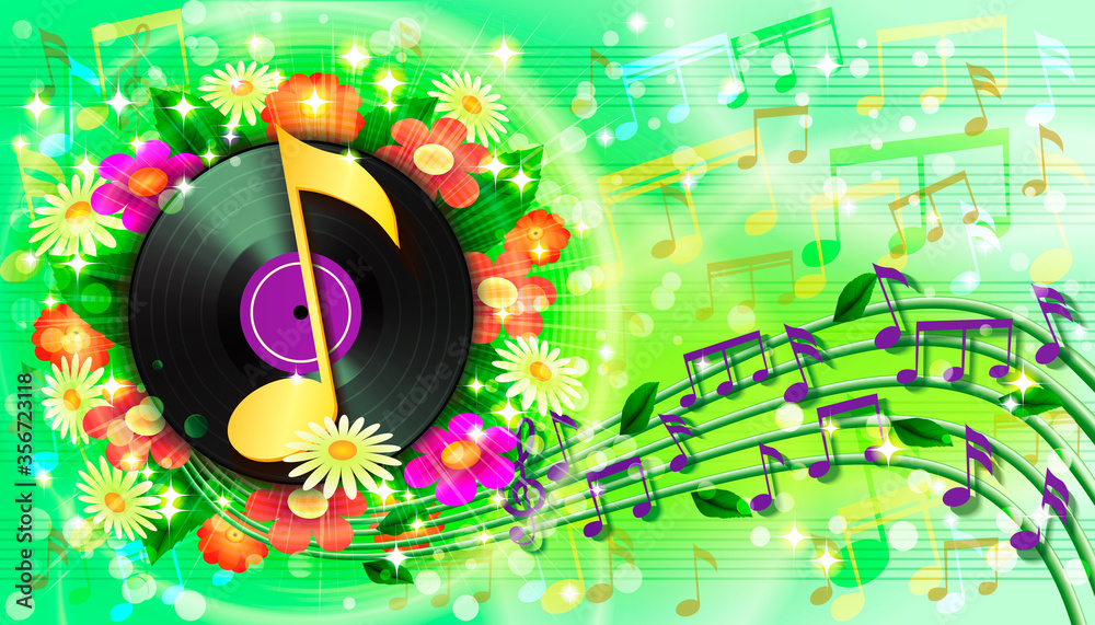 Summer background with flowers, notes and music vinyl plate. Stock ...