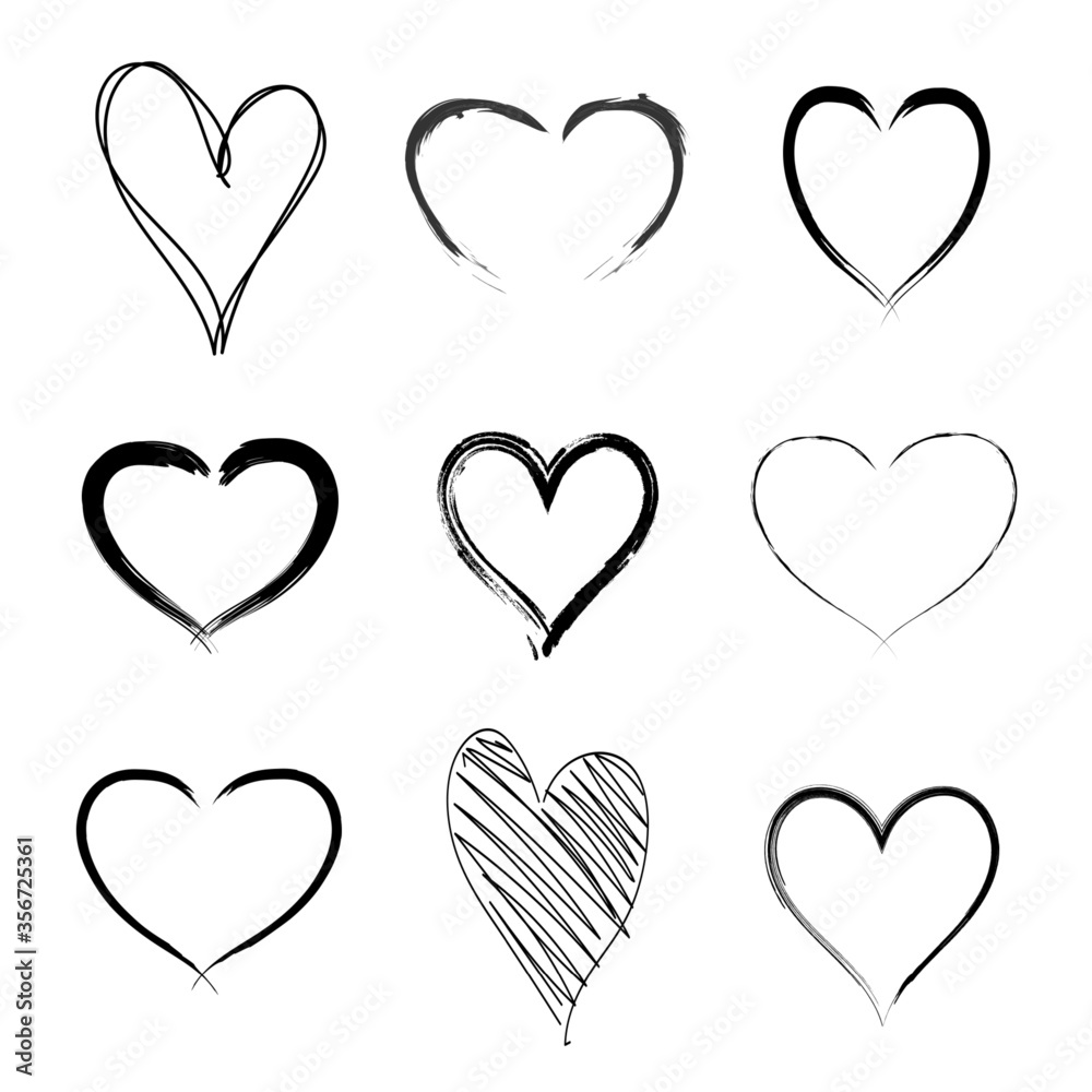Set of nine hand drawn heart. Hand drawn rough marker hearts isolated ...
