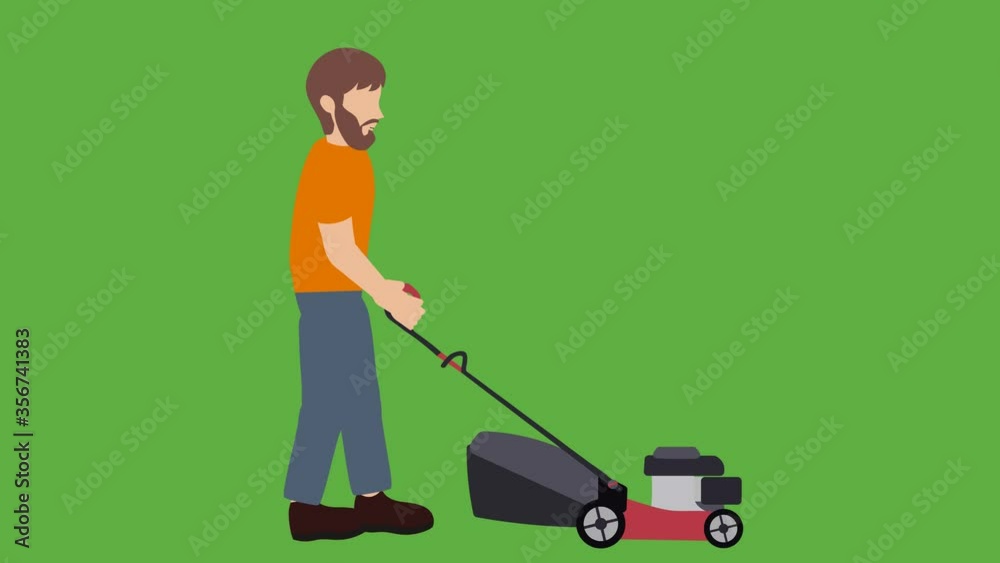 Handyman with a beard mows the grass with a lawn mower. Flat 2D cartoon ...