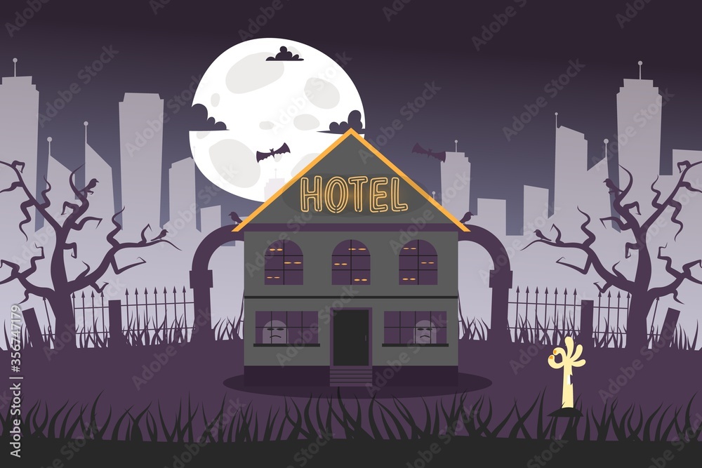 Neon banner gloomy hotel near abandoned cemetery vector illustration ...