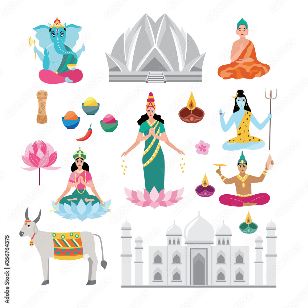 India culture and travel destination set - Indian gods, symbols and ...