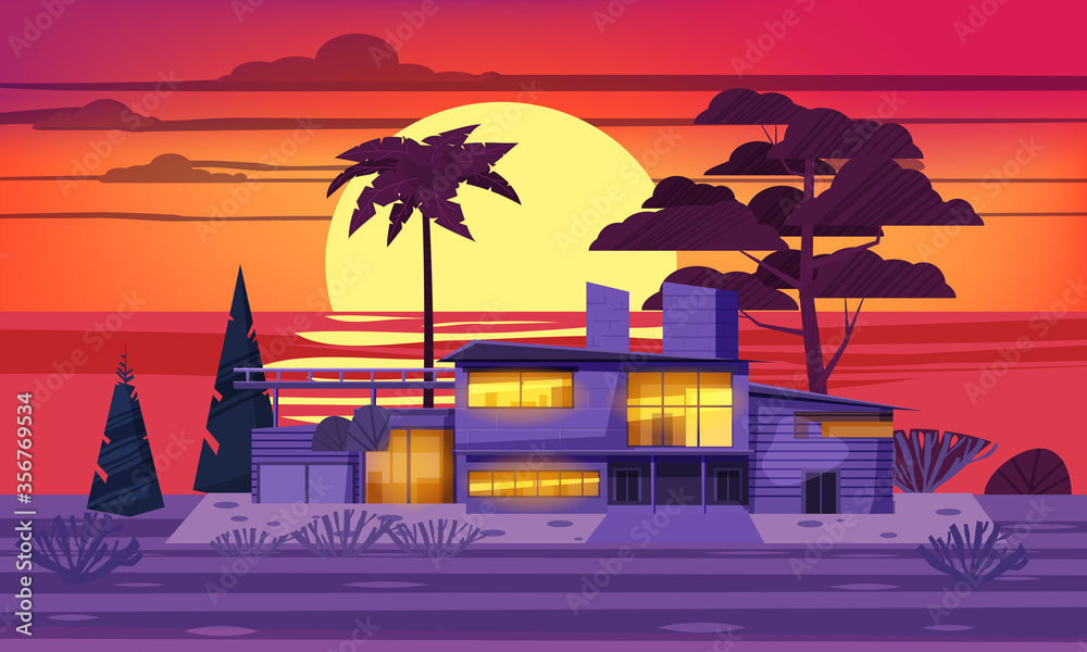 Sea shore sunset beach luxury cottage villa house for rest with palms ...